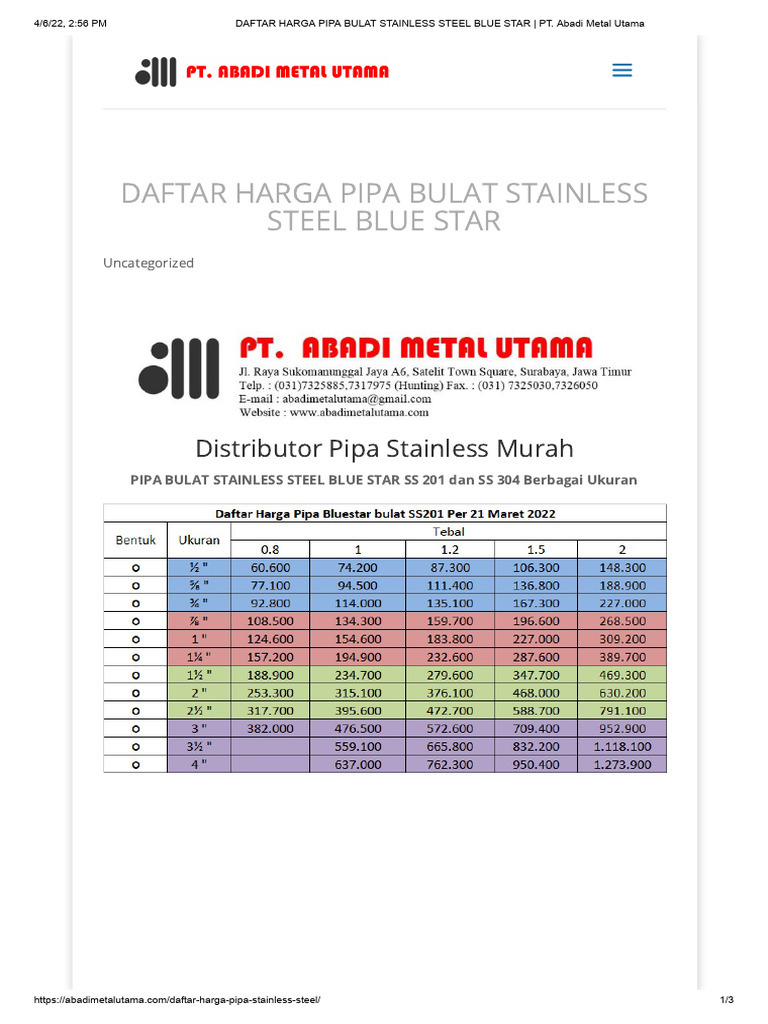 (MDN) DAFTAR HARGA PIPA BULAT STAINLESS STEEL BLUE STAR - PT. Abadi ...