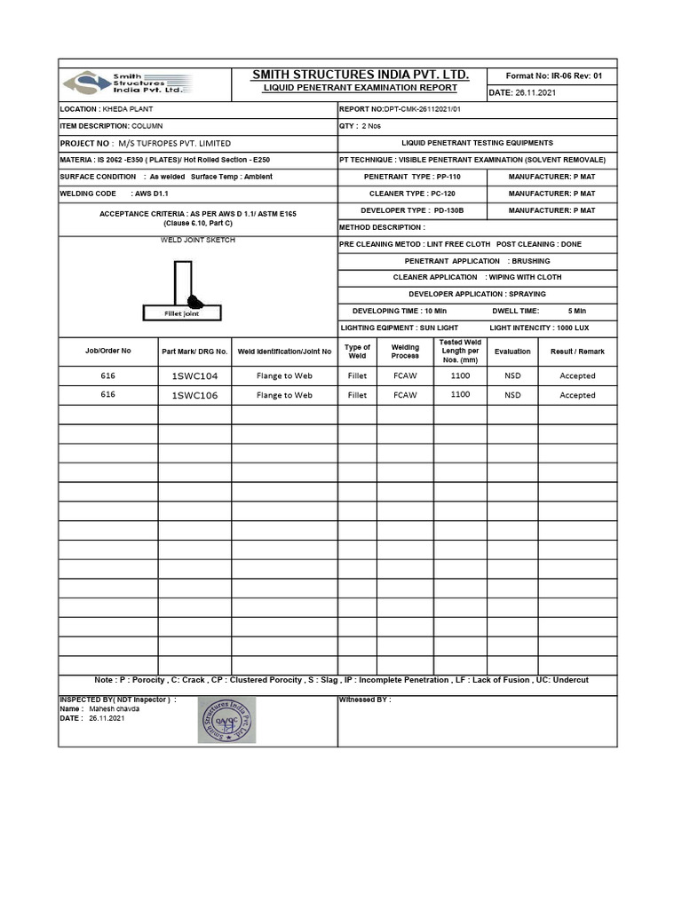 JS-616 8 in Process NDT (DPT) Inspection Report | PDF