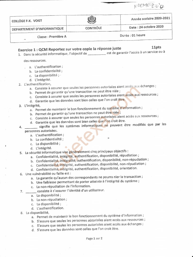 Informatique - Collège Vogt - Classe de Première a4 - Controle - 24 ...