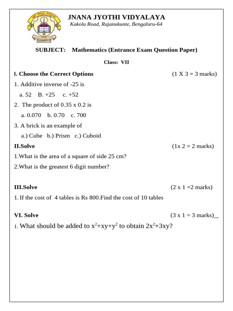 VII MATHS Entrance Exam Question Paper | PDF