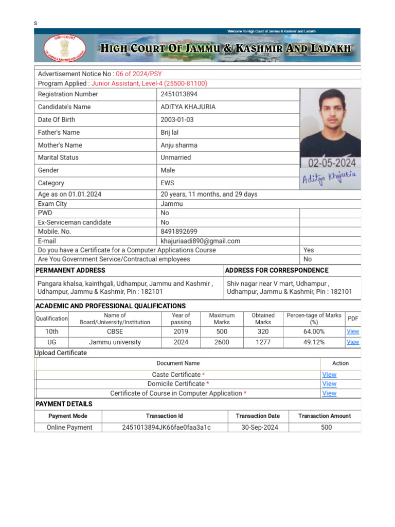 High JK Court JKHC ADVT06PSY P51 Registration Form | PDF