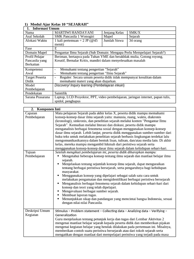 TIWI-Modul Ajar Sejarah PT 3 Mengapa Perlu Mempelajari Sejarah BMTI | PDF