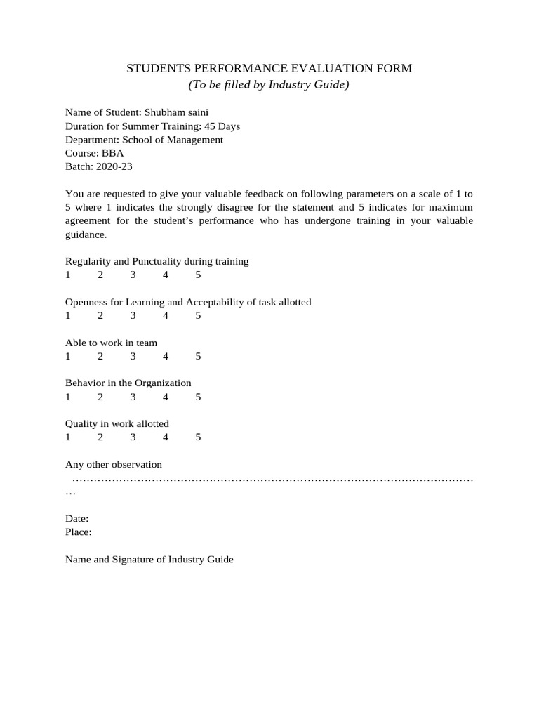 Students Performance Evaluation Form | PDF