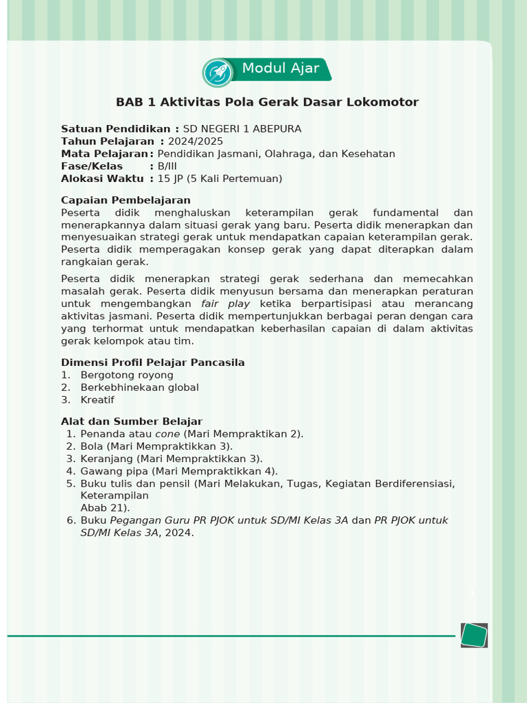 Modul Ajar PR PJOK 3A Bab 1 | PDF