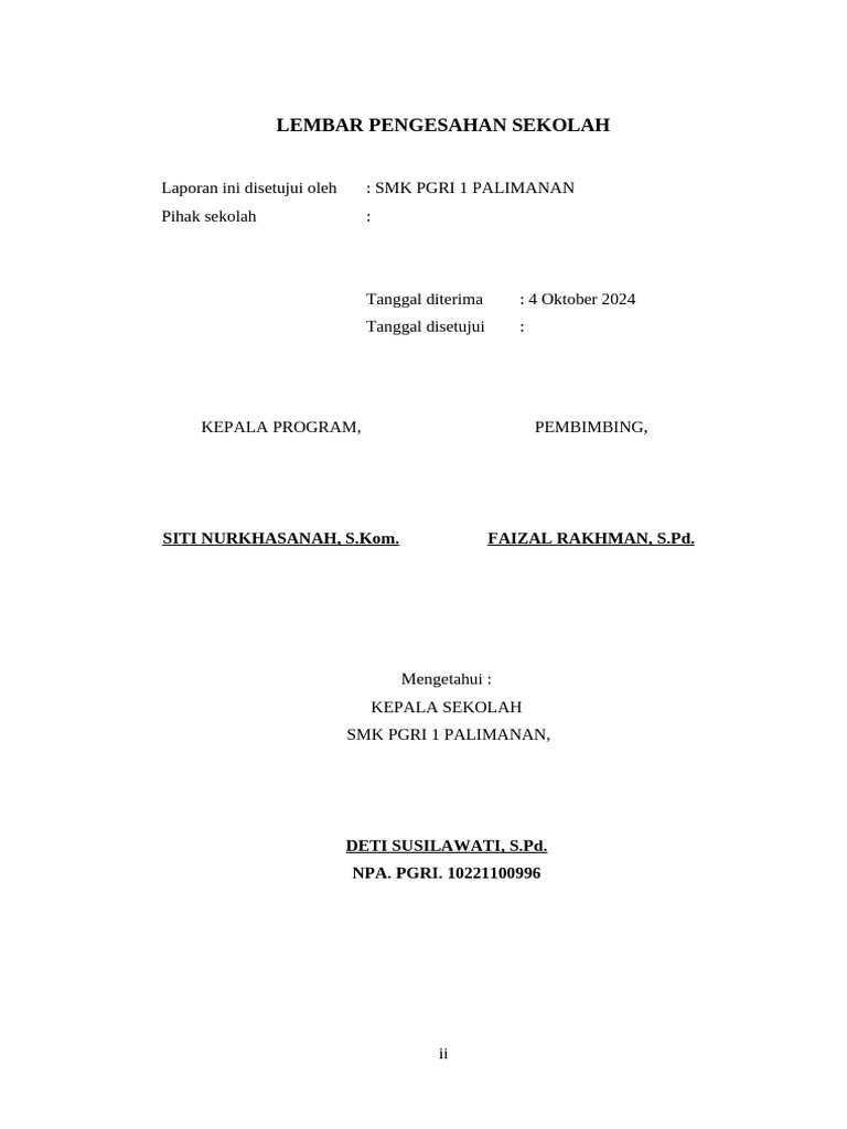 Lembar Pengesahan Sekolah | PDF