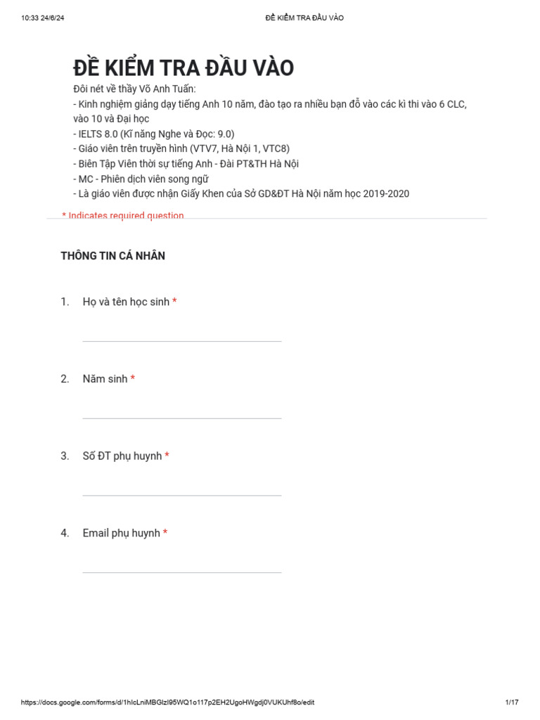 Kiểm Tra Đầu Vào Lớp 2 - 3 - Google Forms | PDF