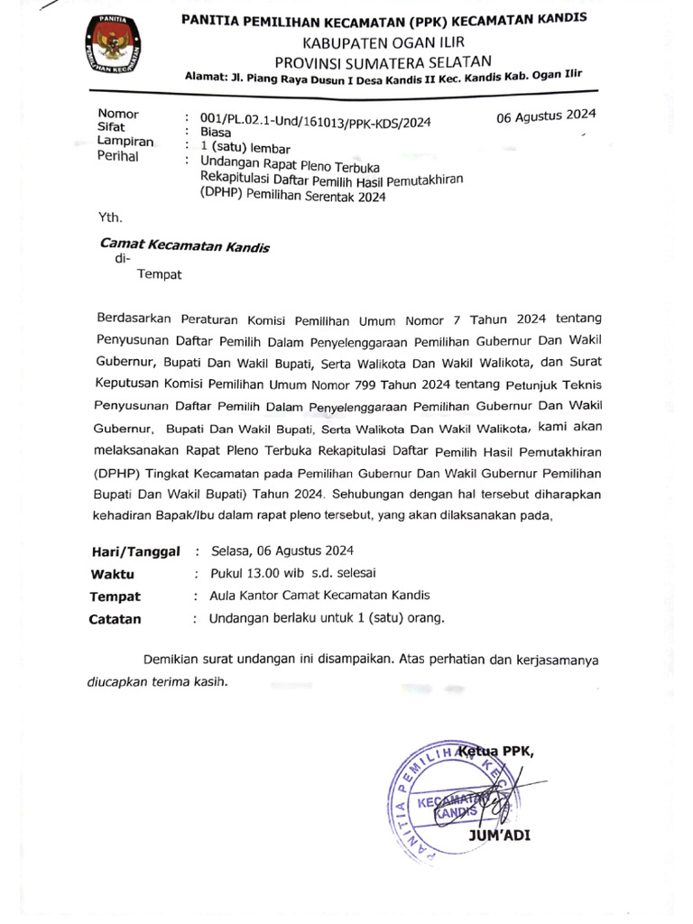 Undangan Rapat Pleno DPHP Kec Kandis 2024 | PDF