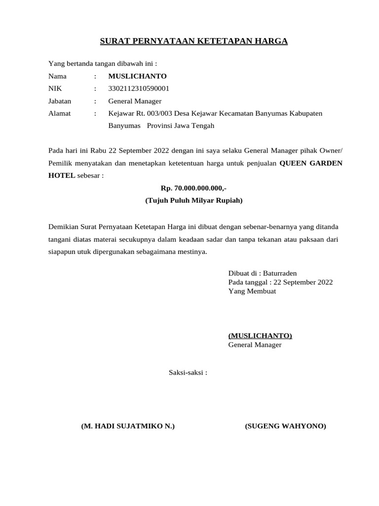 Surat Pernyataan Ketetapan Harga | PDF