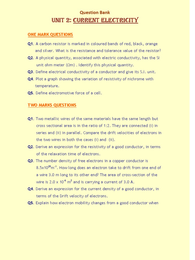 Unit 2: Current Electricity: Question Bank | PDF | Electrical Resistivity And Conductivity ...