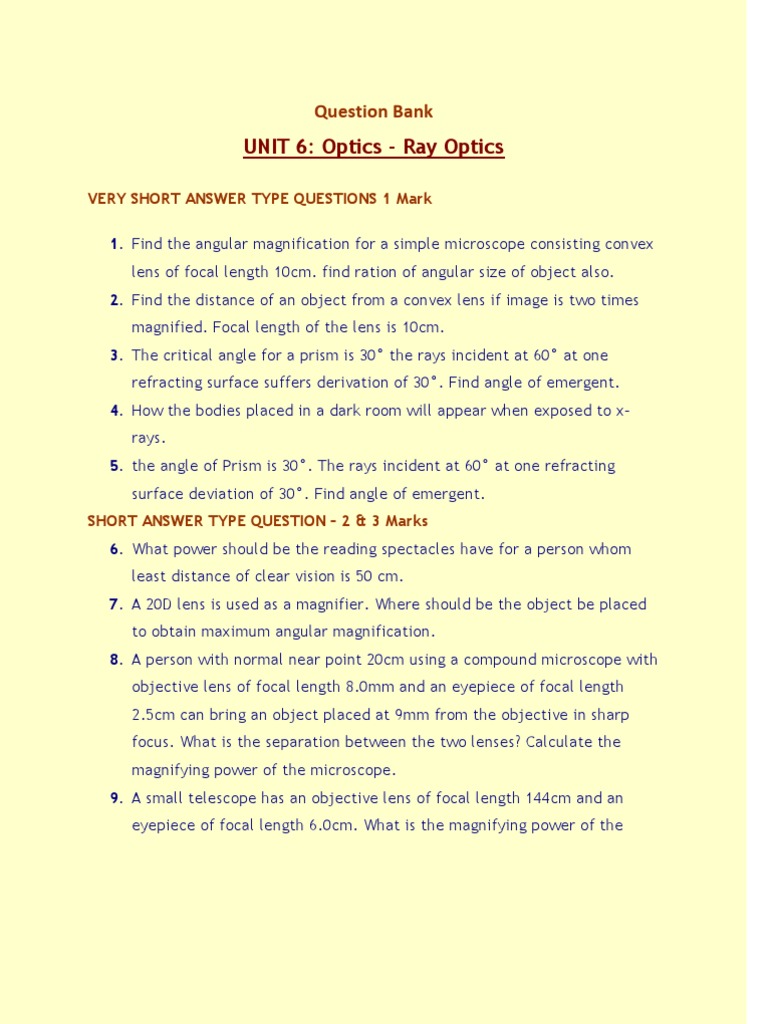 UNIT 6: Optics - Ray Optics: Question Bank | PDF | Diffraction | Lens ...