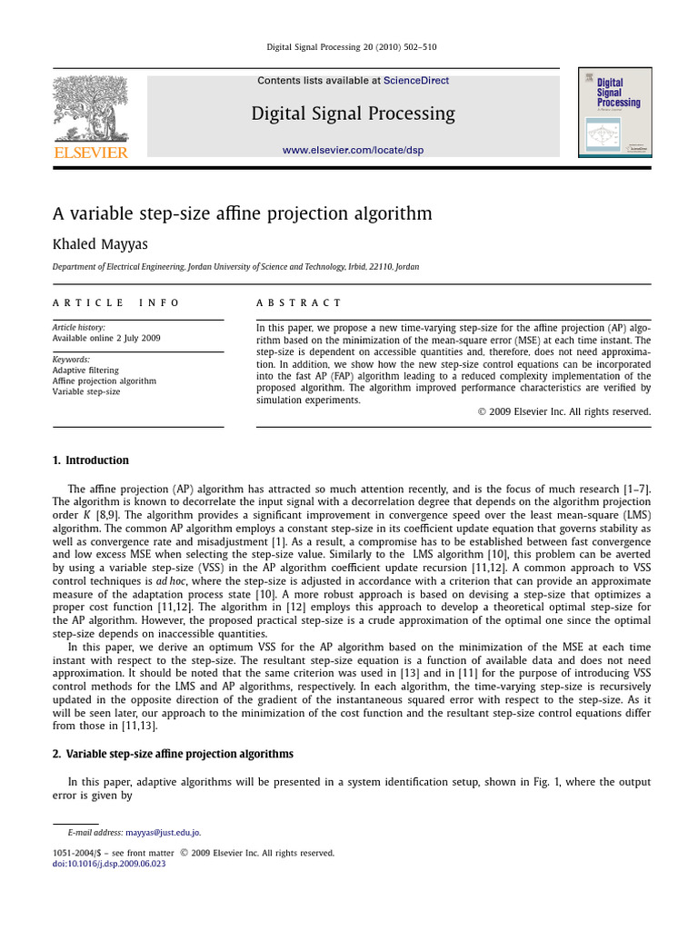 A Variable Step-Size Affine Projection Algorithm | PDF