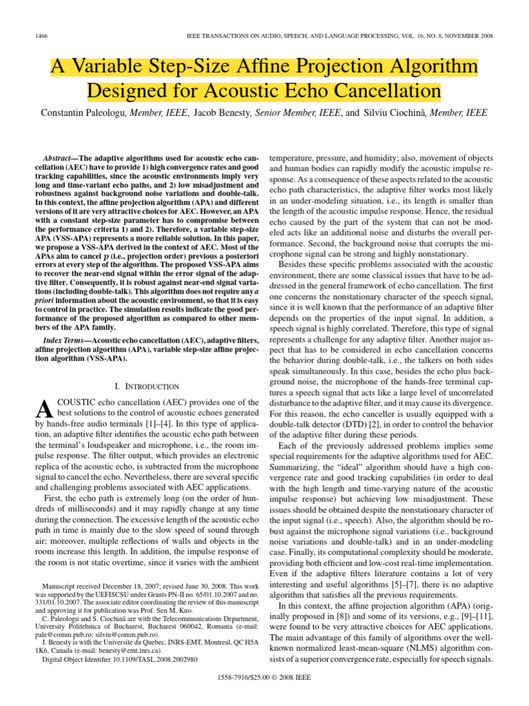 A Variable Step Size Affine Projection Algorithm Designed For Acoustic Echo Cancellation Pdf