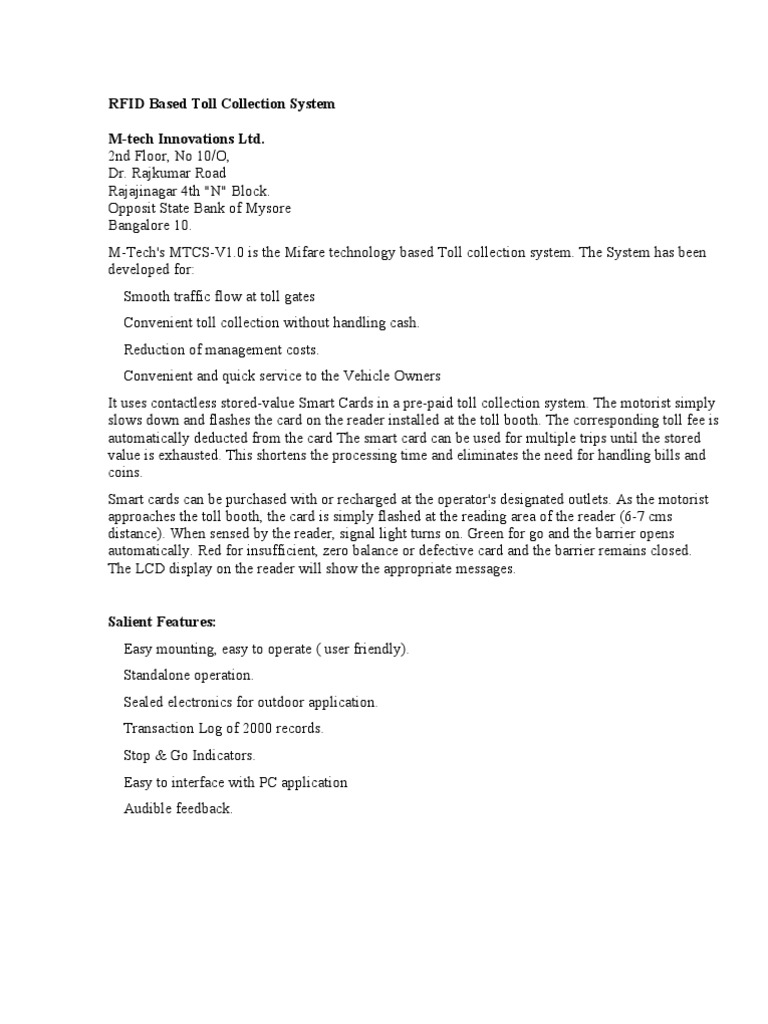 RFID Based Toll Collection System | PDF | Toll Road | Smart Card