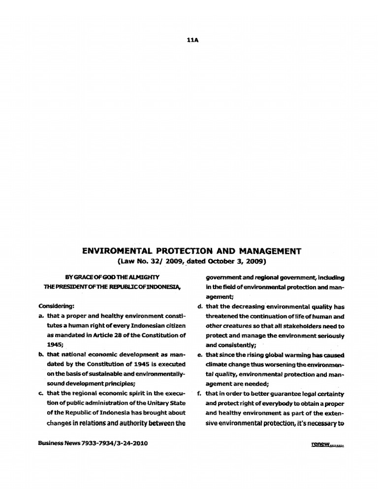 Environmental Protection and Management Law 32-2009 | PDF