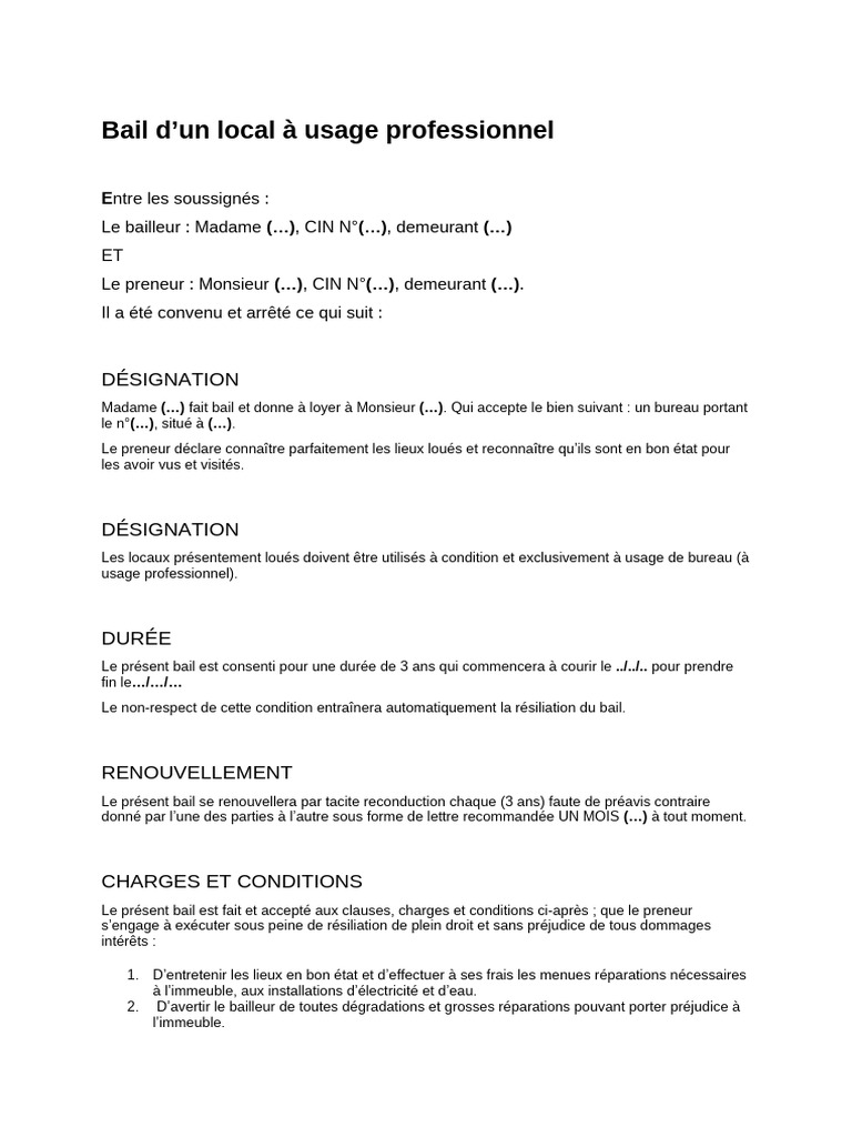 Bail D'un Local À Usage Professionnel | PDF