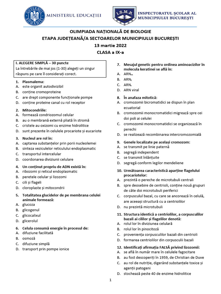 (Ix - Subiecte) Olimpiada Națională de Biologie - Etapa Municipală - 2022 | PDF