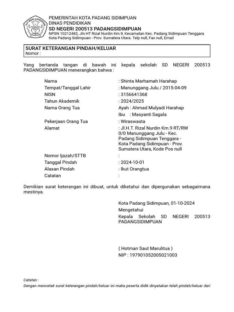 SD Negeri 200513 Padangsidimpuan: Nomor | PDF