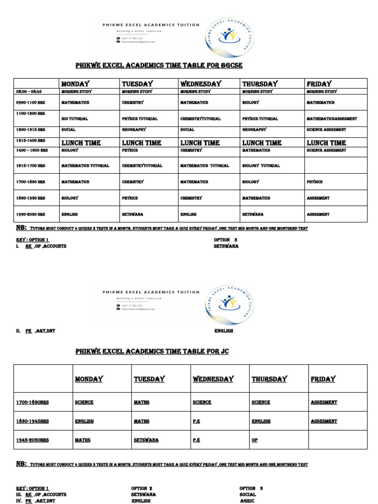 Phikwe Excel Academics Time Table For Bgcse 2-2 | PDF