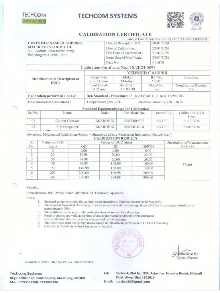 Calibration Certificates Vernier Caliper | PDF