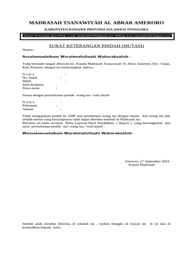16 Surat Pindah Siswa Pdf