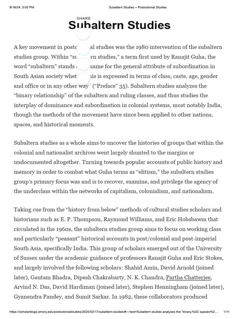 Subaltern Studies - Postcolonial Studies | PDF