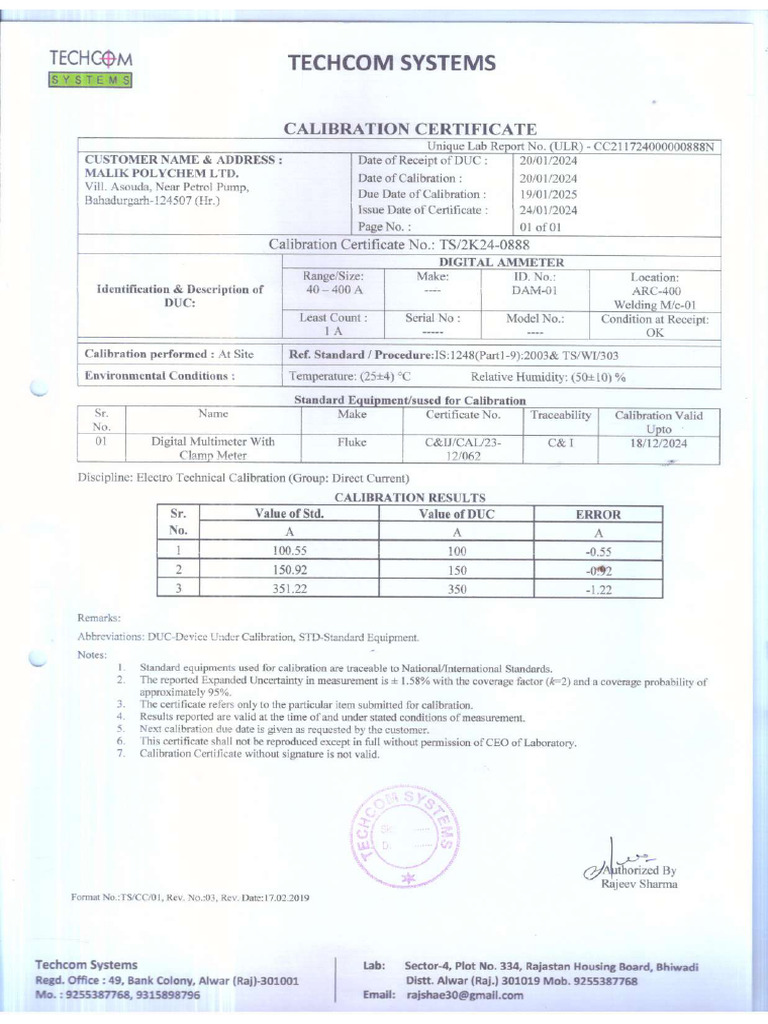 Calibration Certificates digital Ammeter 1 (1) | PDF