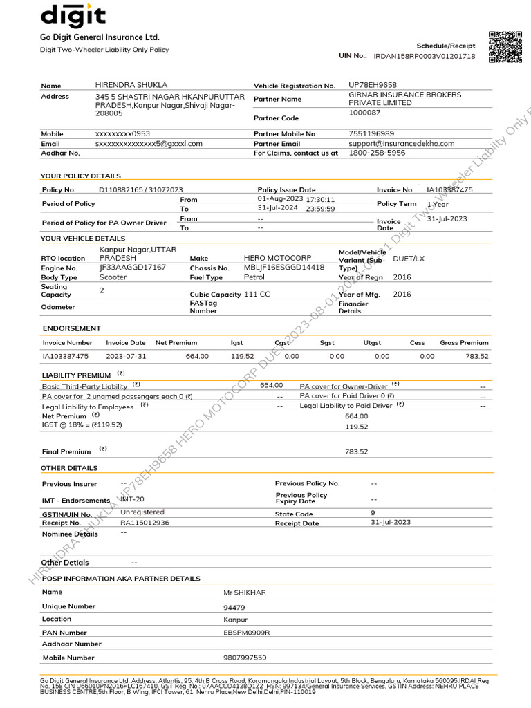 INS 1690804884 Policydoc | PDF | Driver's License | Insurance