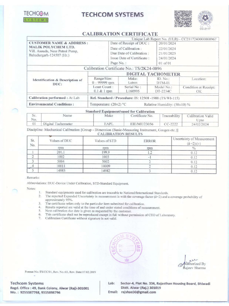 Calibration Certificates Digital Tachometer | PDF