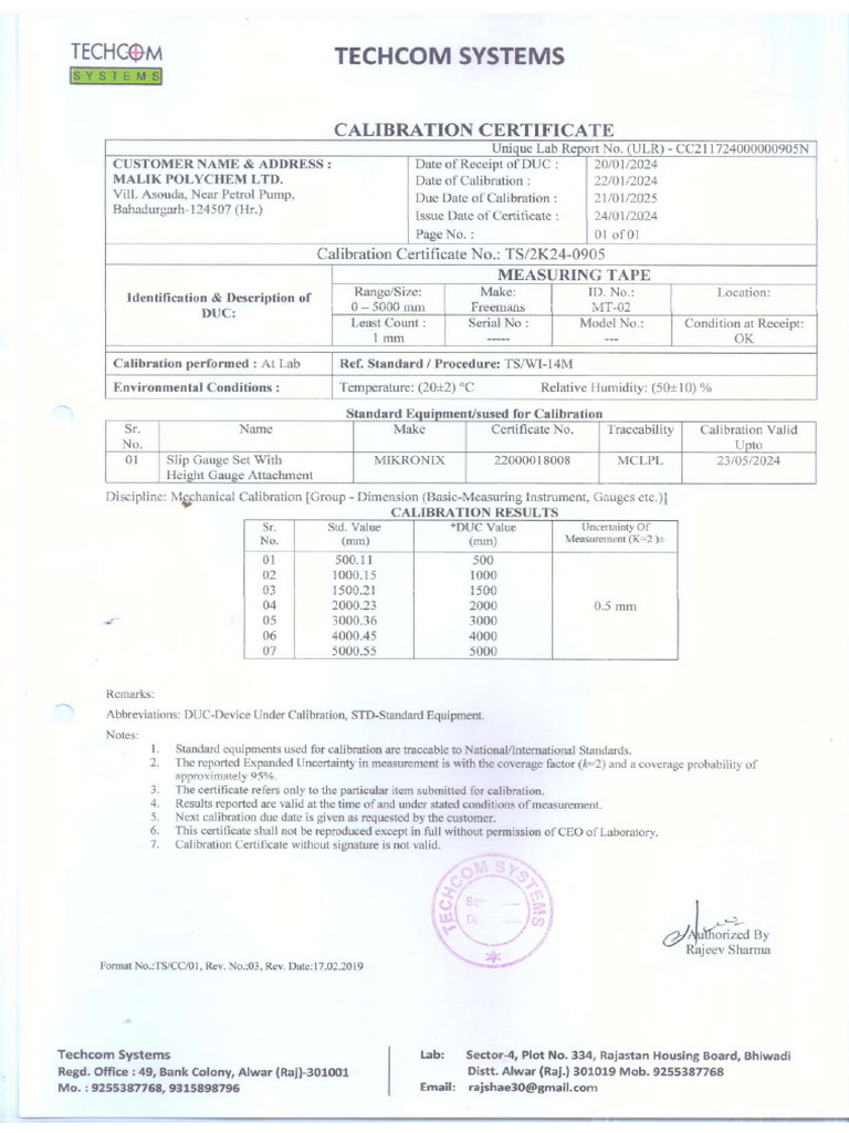 Calibration Certificates Measuring Tape 5 MTR | PDF