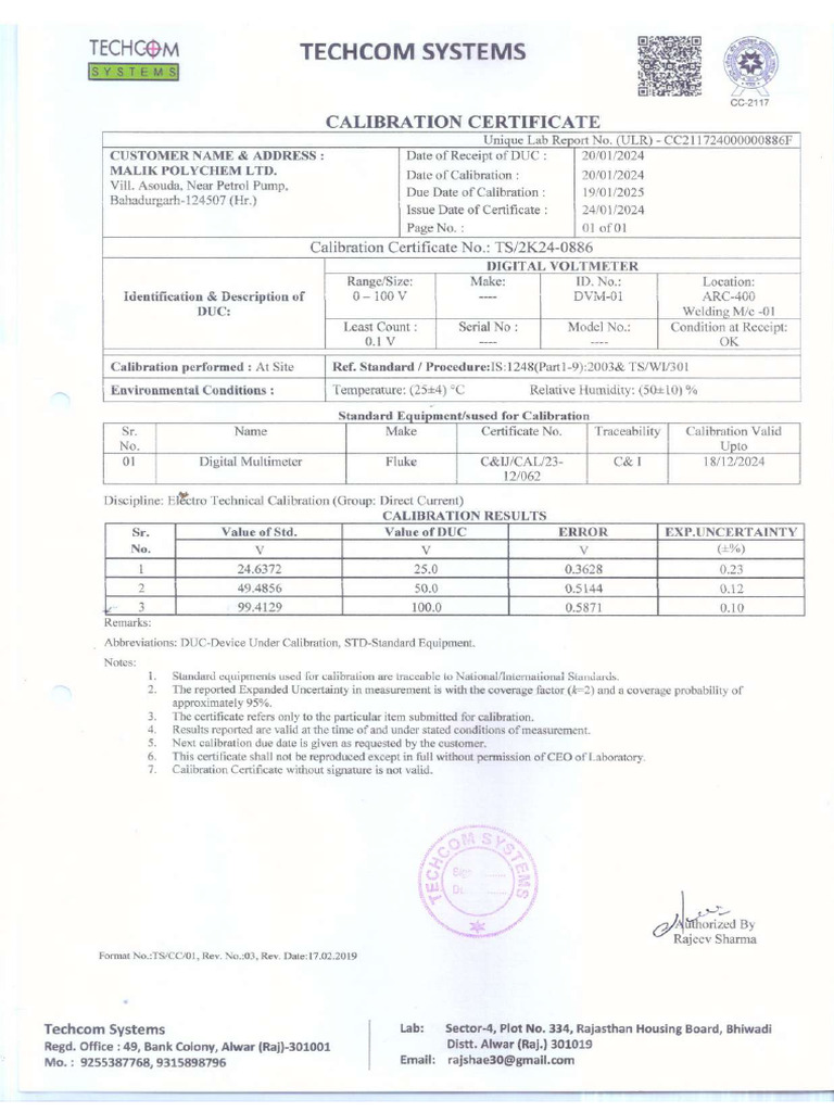 Calibration Certificates digital Voltmeter 1 | PDF