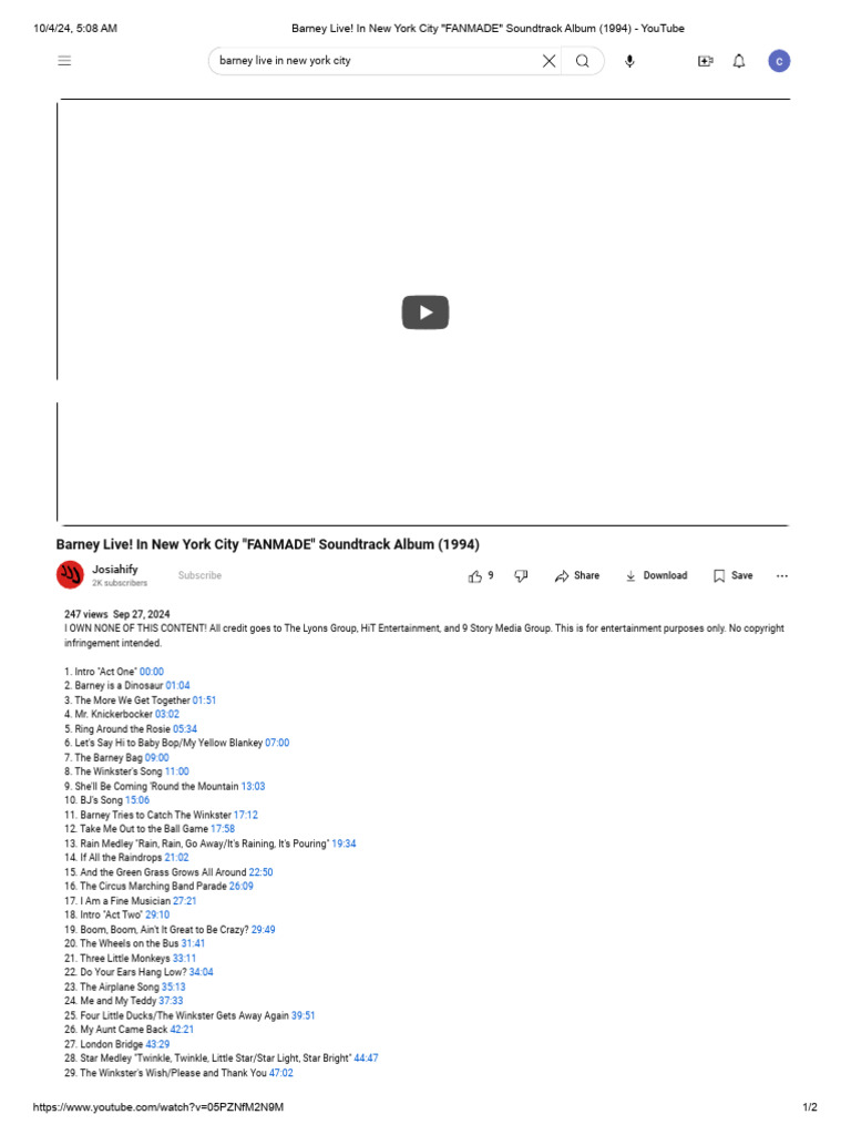 Barney Live! in New York City _FANMADE_ Soundtrack Album (1994) - YouTube | PDF