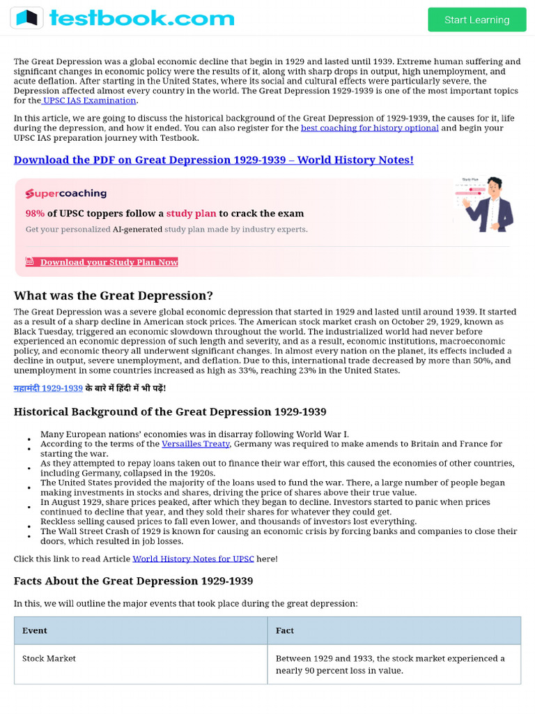 Great Depression 1929-1939 - Learn its Background, Causes & More! | PDF