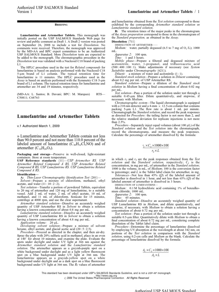 LumefantrineArtemetherTablets Non Us Monograph | PDF | Chromatography ...