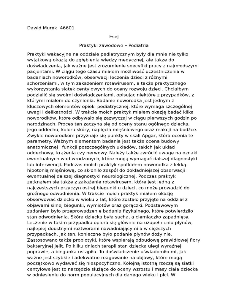 Pediatria Praktyki Esej | PDF