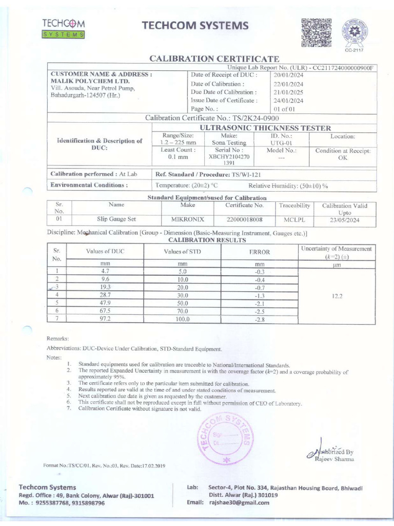 Calibration Certificates UT Tester | PDF