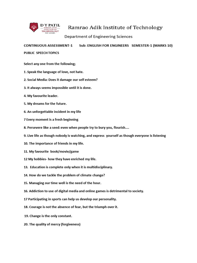 CA-1 - Public Speech Topics - EE - RAIT - Specialisations - October ...