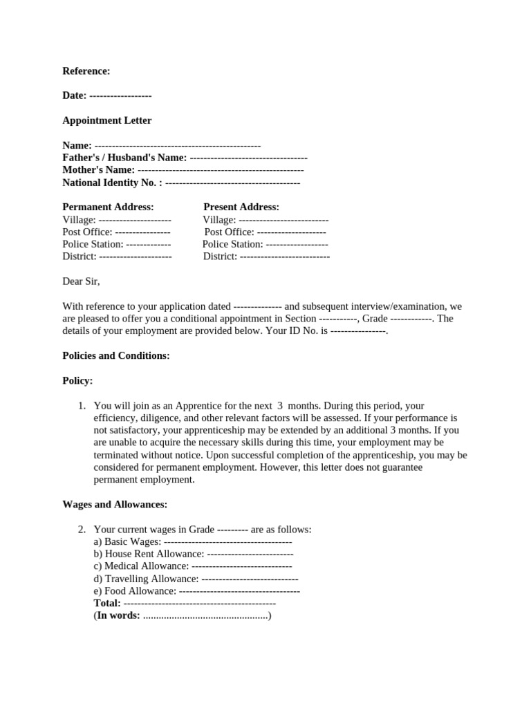 Workers Appointment Letter - English | PDF