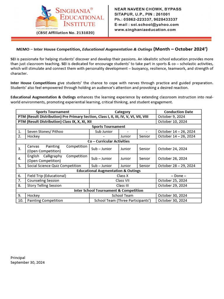 MEMO - Inter House Competition (October 2024') | PDF