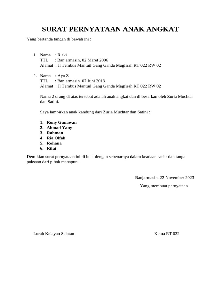 Surat Pernyataan Anak Angkat | PDF