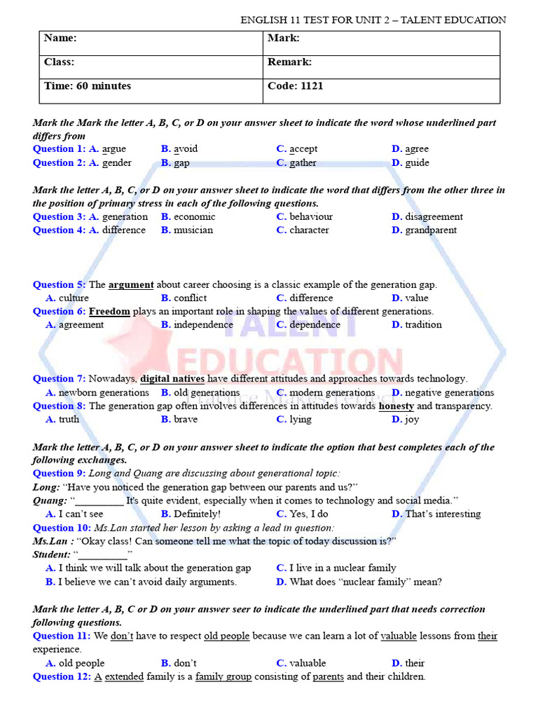 English 11 Test For Unit 2 - 1 | PDF