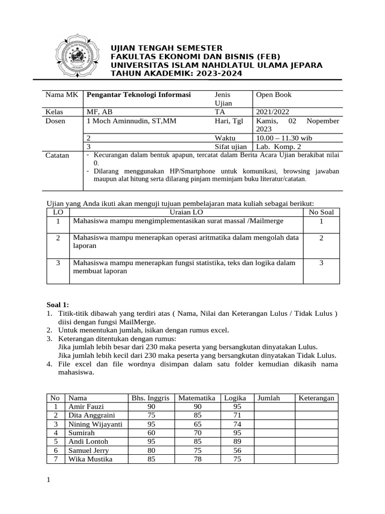 Soal UTS Pengantar TI | PDF