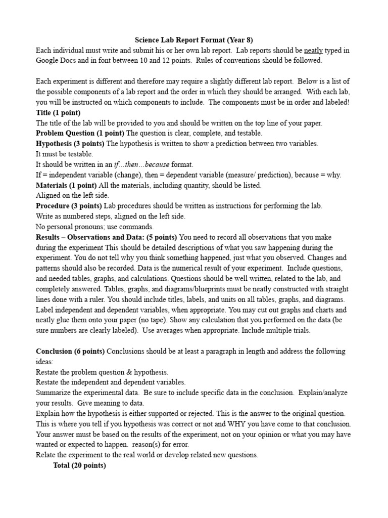 Year 8 Science Lab Report Guidelines | PDF | Experiment | Scientific Method