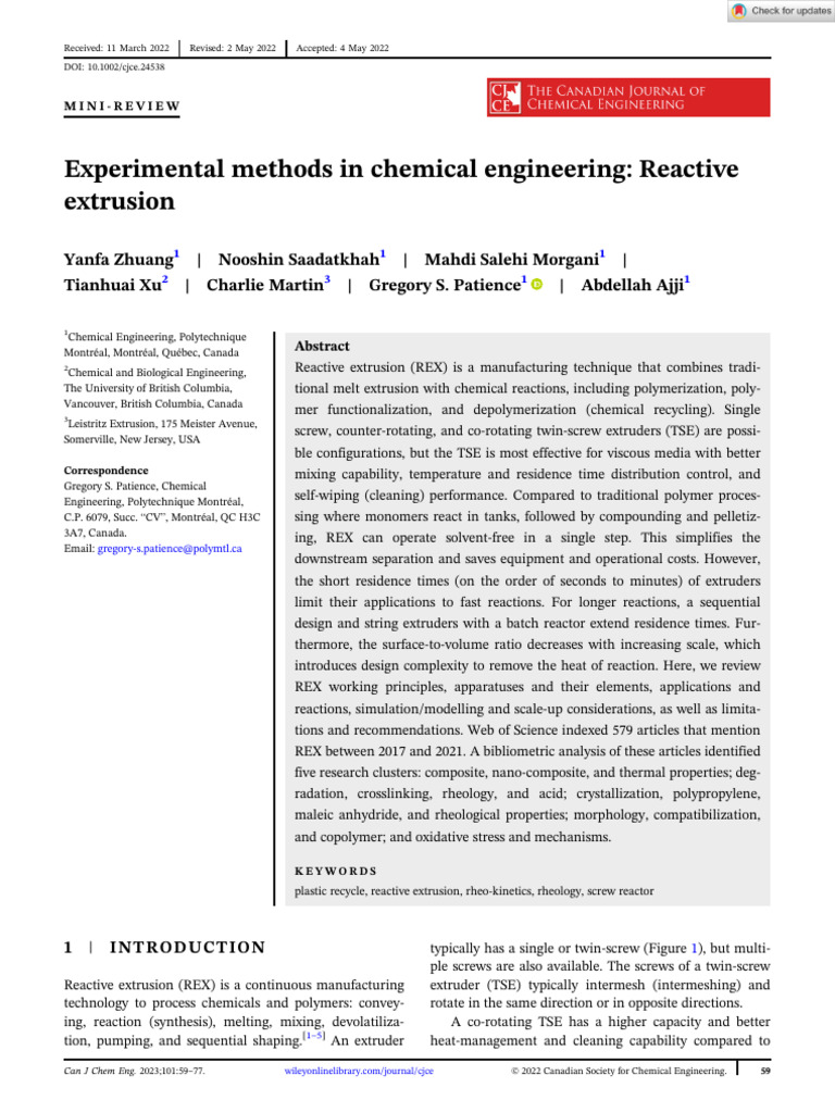 Experimental Methods in Chemical Engineering Reactive Extrusion | PDF