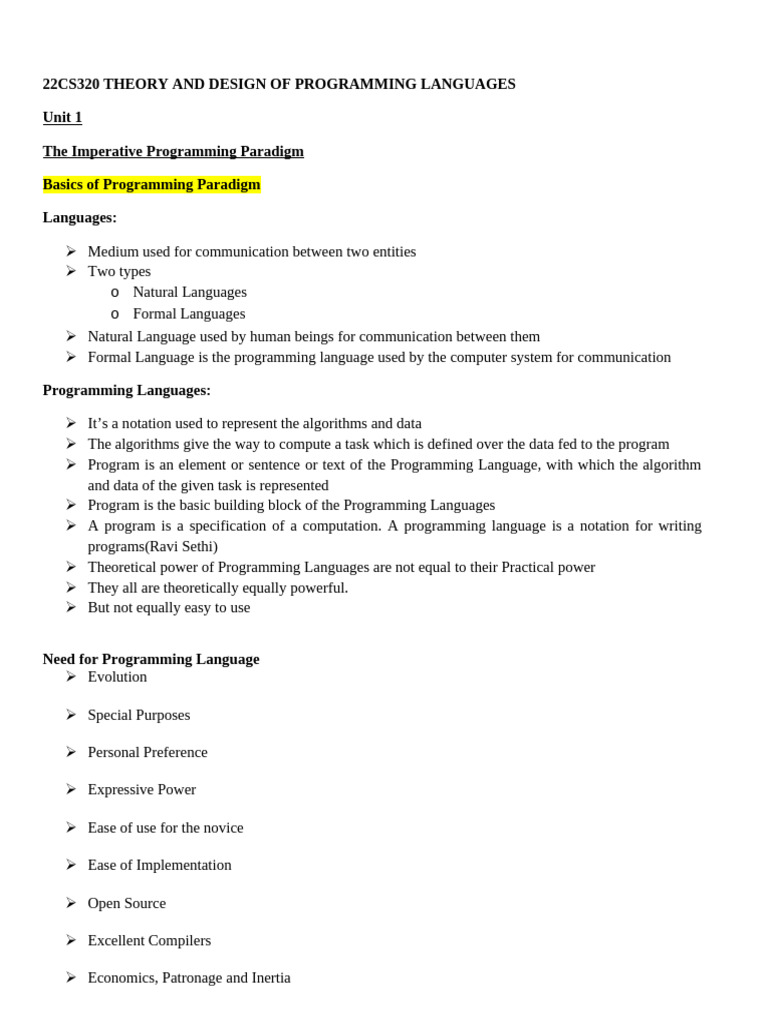 22CS320 THEORY AND DESIGN OF PROGRAMMING LANGUAGES - Notes | PDF