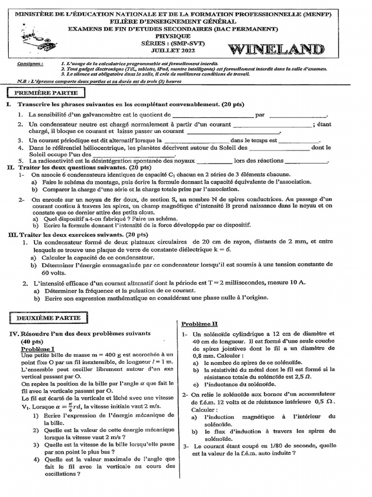 Physique 2022 SMP-SVT Wineland | PDF