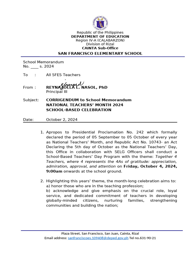 Corrigendum To School Based WTD 2024 Memo | PDF