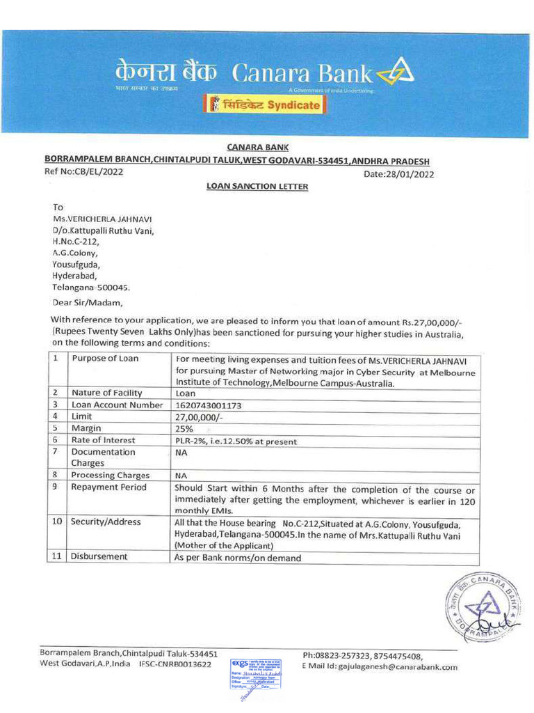 Canara Bank Loan Sanction Letter | PDF