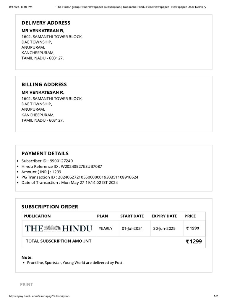 The Hindu Paper Subscription 2024-25 | PDF