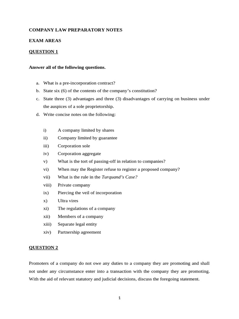 Company Law Preparatory Notes | PDF | Partnership | Finance & Money ...