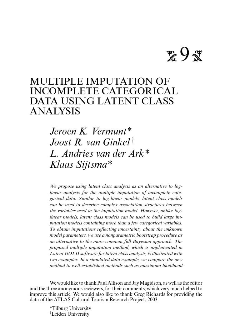 Multiple Imputation of Incomplete Categorical Data Using Latent Class Analysis | PDF | Logistic ...